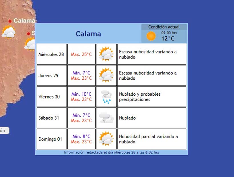 Pronostican posibles lluvias para el viernes en Calama